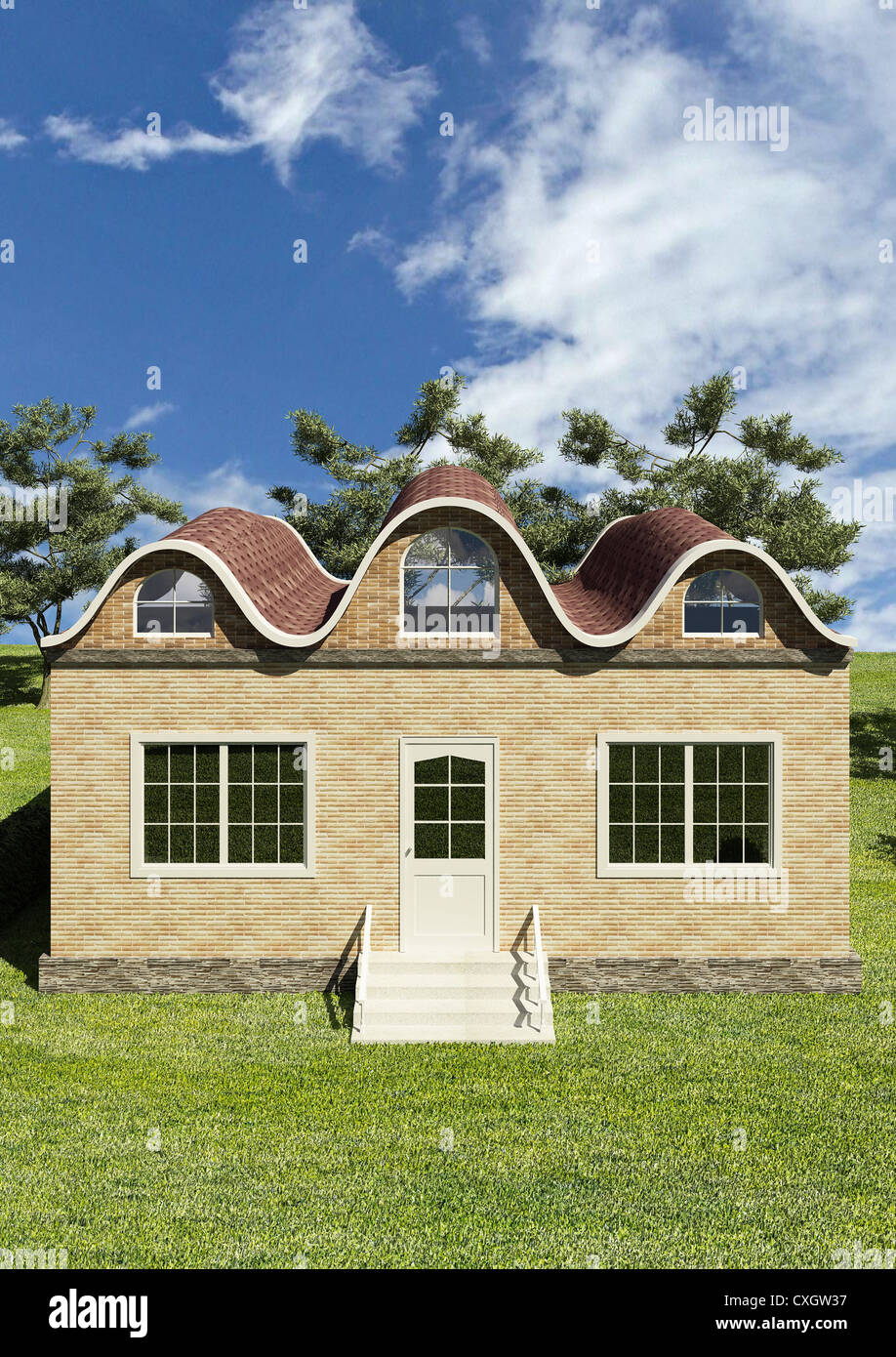 Brick House with trees and lawn Stock Photo - Alamy