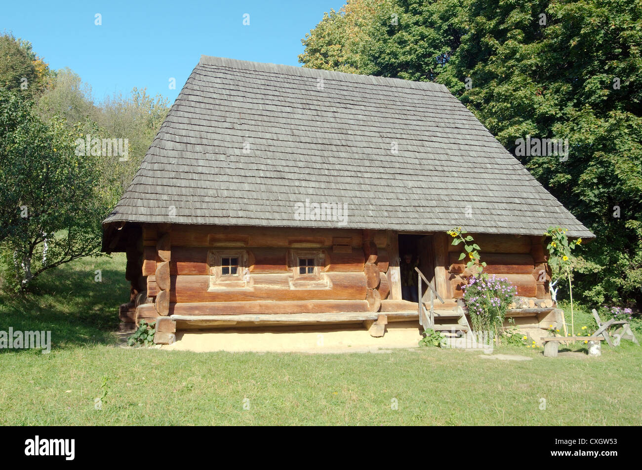 old wooden Ukrainian log hut, Lviv, Ukraine, Eastern Europe Stock Photo ...