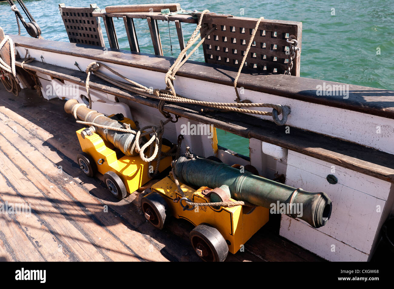 Cannons on Tall Sailing Ships in Harbour of San Diego California USA ...