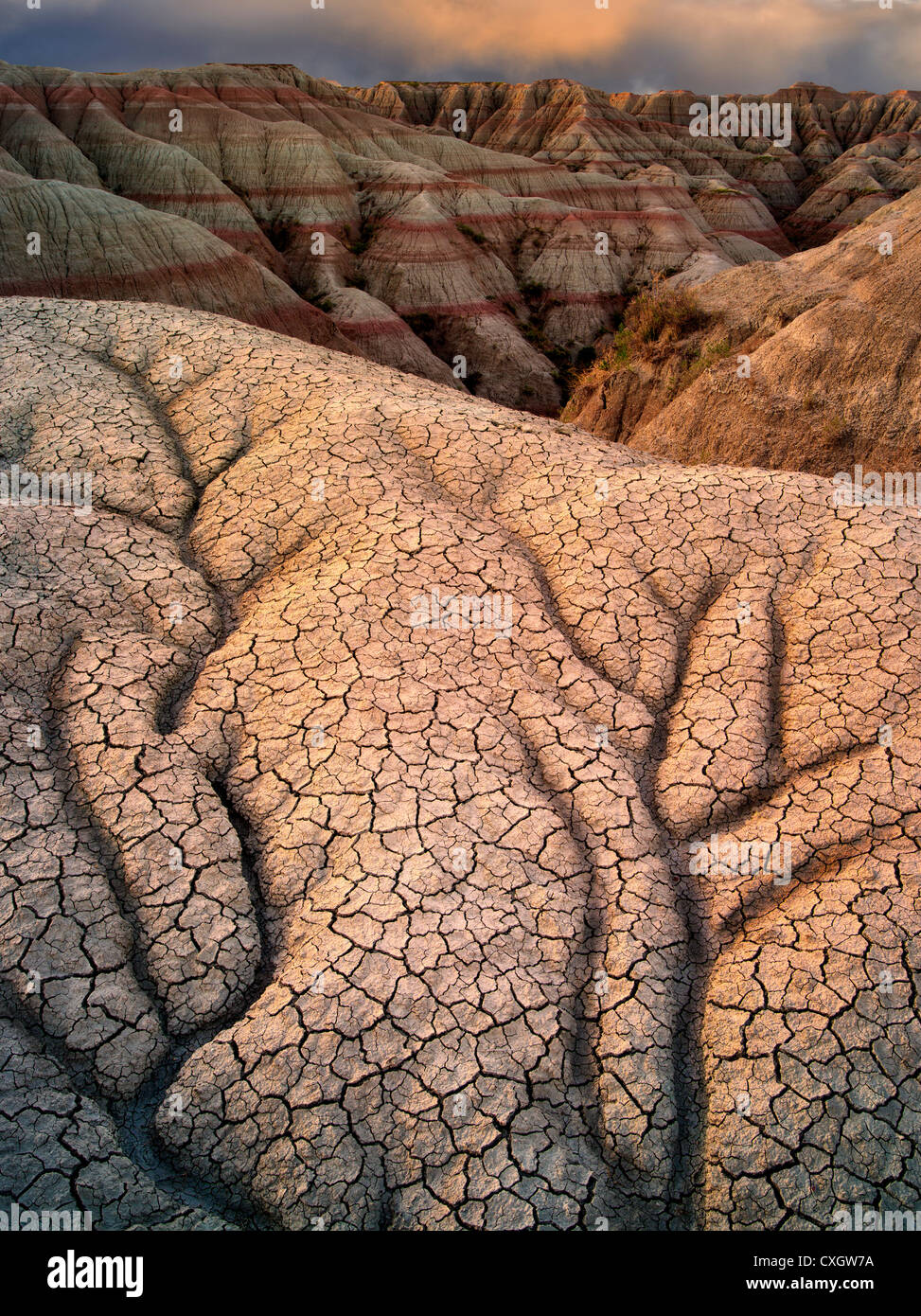 Eroded and cracked rock and mud formations. Badlands National Park ...