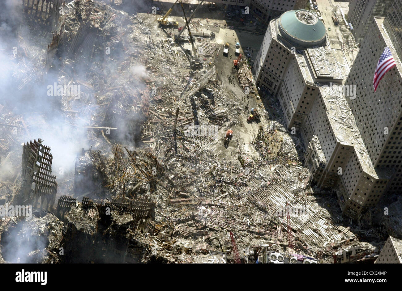 An aerial view of the destruction by terrorists of the World Trade ...