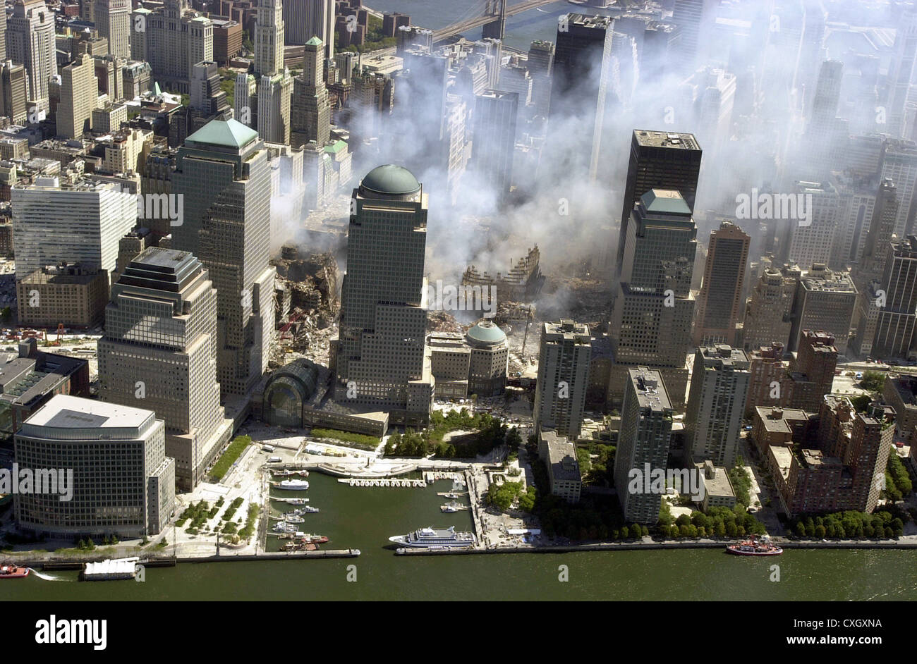 An aerial view of the destruction by terrorists of the World Trade ...