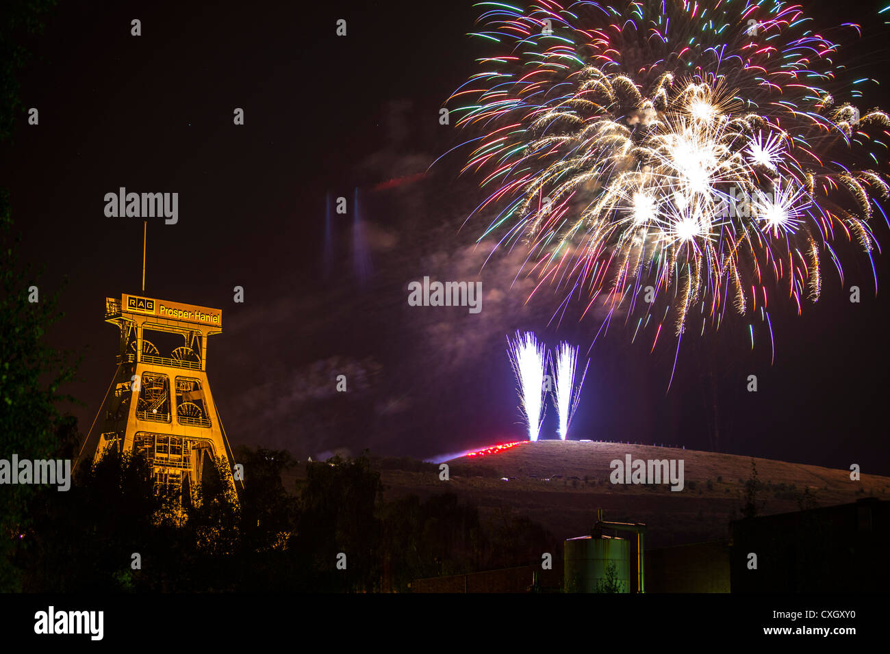 Fireworks during an cultural event over Prosper Haniel coal mine pit ...