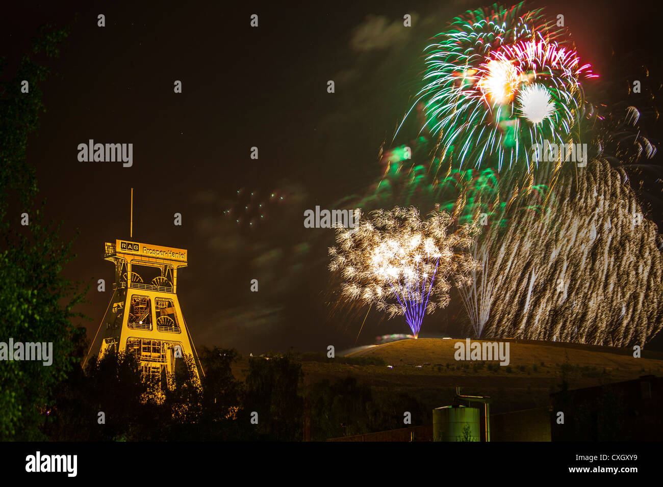 Fireworks during an cultural event over Prosper Haniel coal mine pit ...