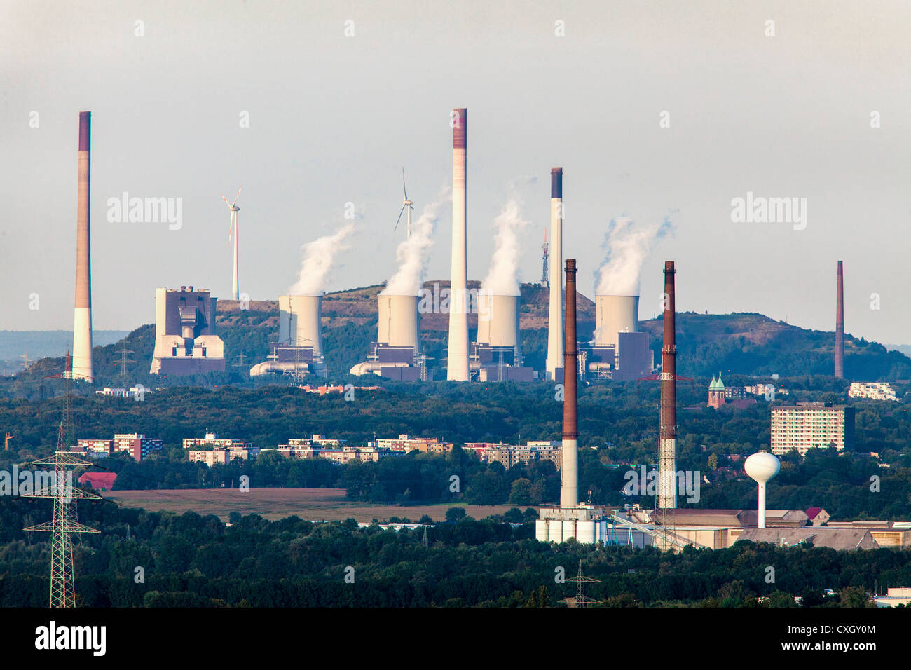 EON coal power station "Scholven", wind power station on a stock pile ...