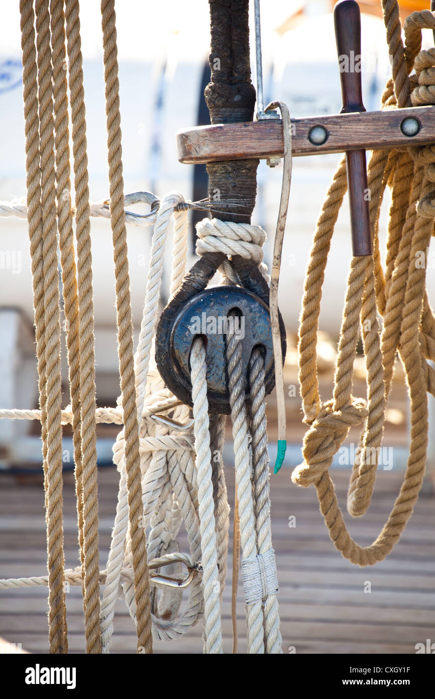 An image of ropes and other nautical equipment on a boat Stock Photo ...