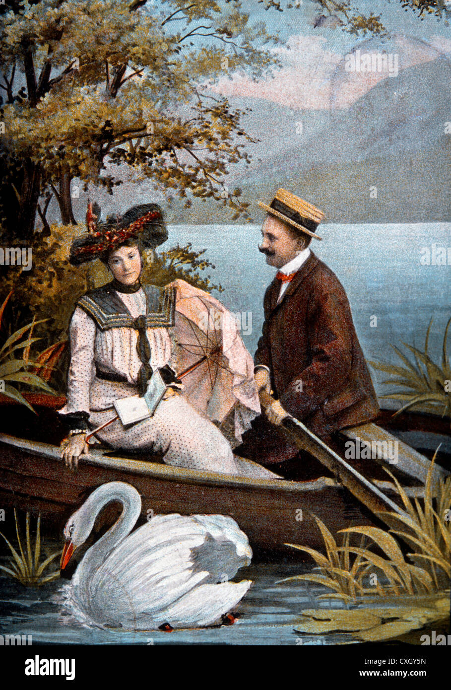 Postcard of Couple in Rowboat in Park Stock Photo - Alamy