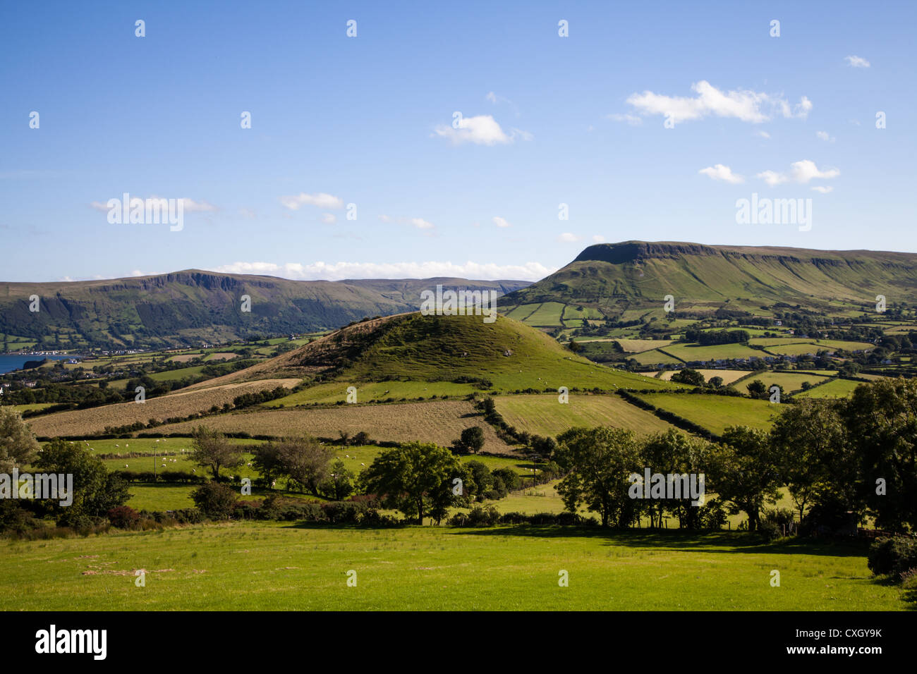 Hilly countryside in the Glens of Antrim near the village of Cushendall ...