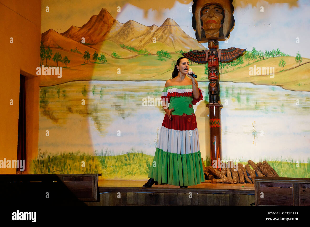 Inside of a old wild west saloon. A front view of women singing and ...