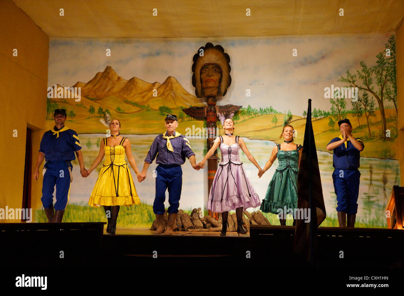 Inside of a old wild west saloon. A front view of people singing and ...