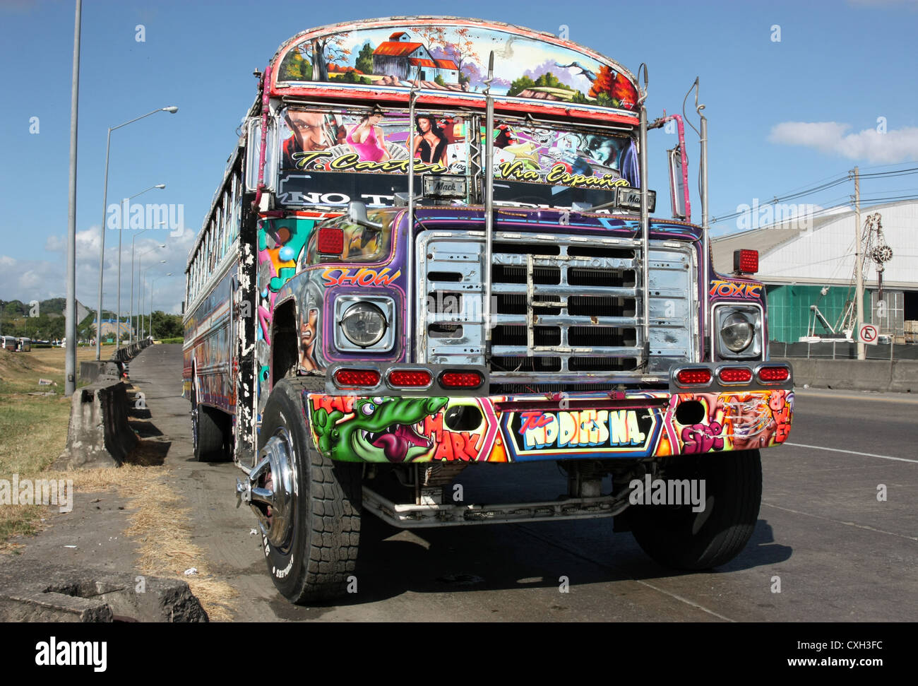 Brightly decorated public buses in Panama City, Panama, Central America ...
