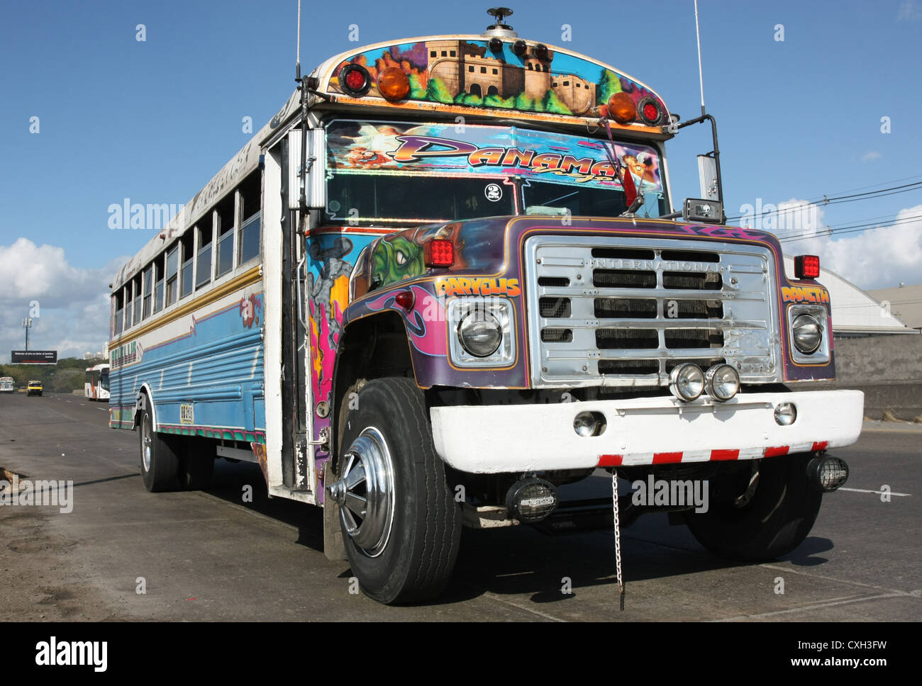Brightly decorated public buses in Panama City, Panama, Central America ...