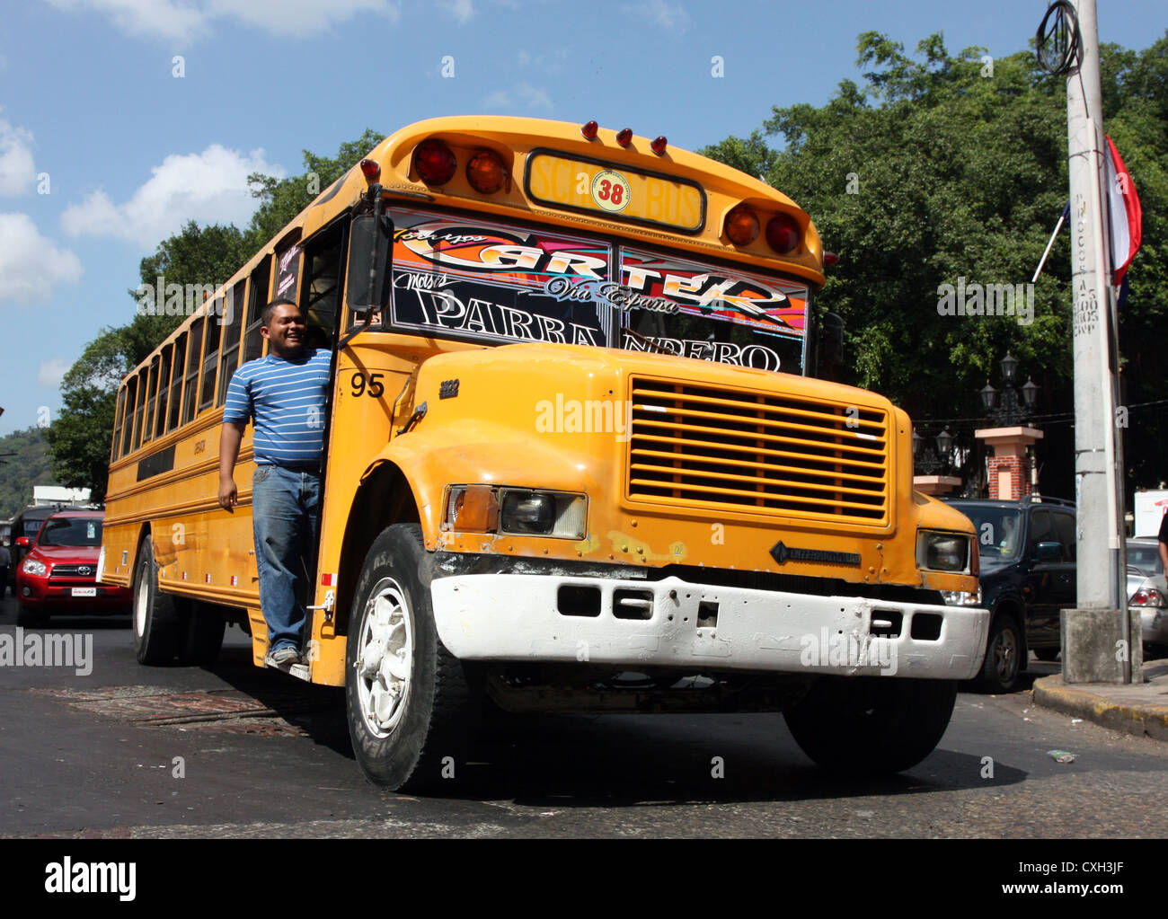 Brightly decorated public buses in Panama City, Panama, Central America ...