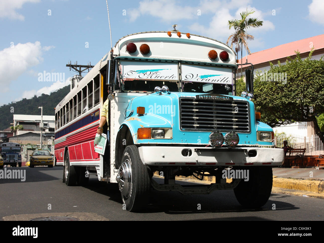 Brightly decorated public buses in Panama City, Panama, Central America ...