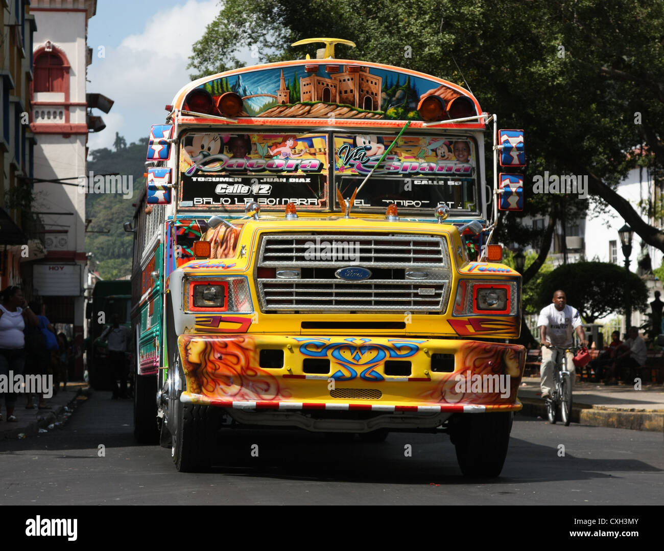 Brightly decorated public buses in Panama City, Panama, Central America ...