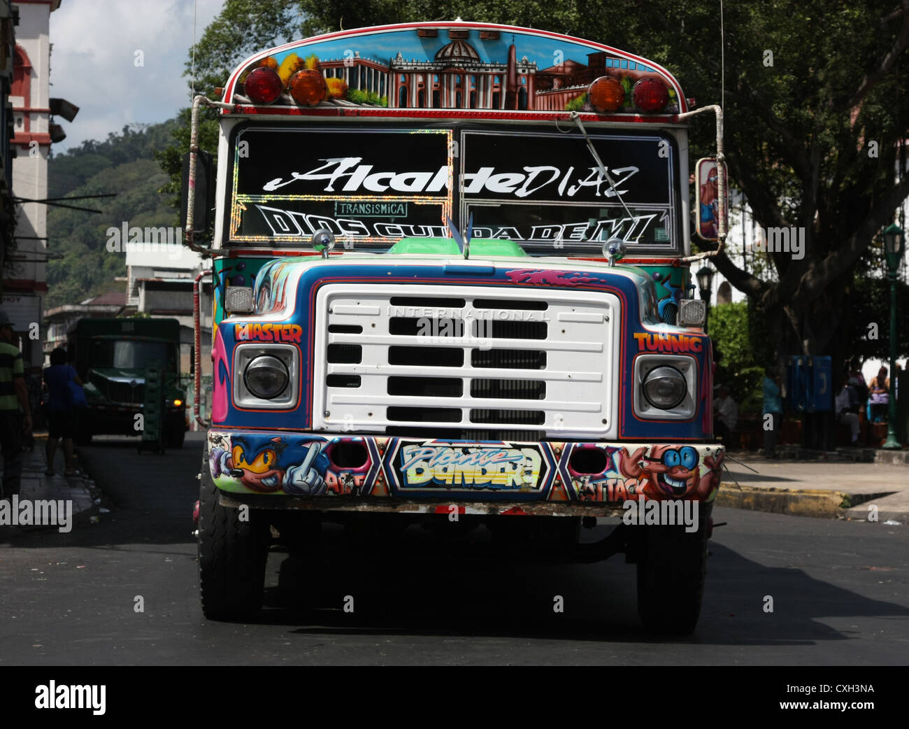 Brightly decorated public buses in Panama City, Panama, Central America ...