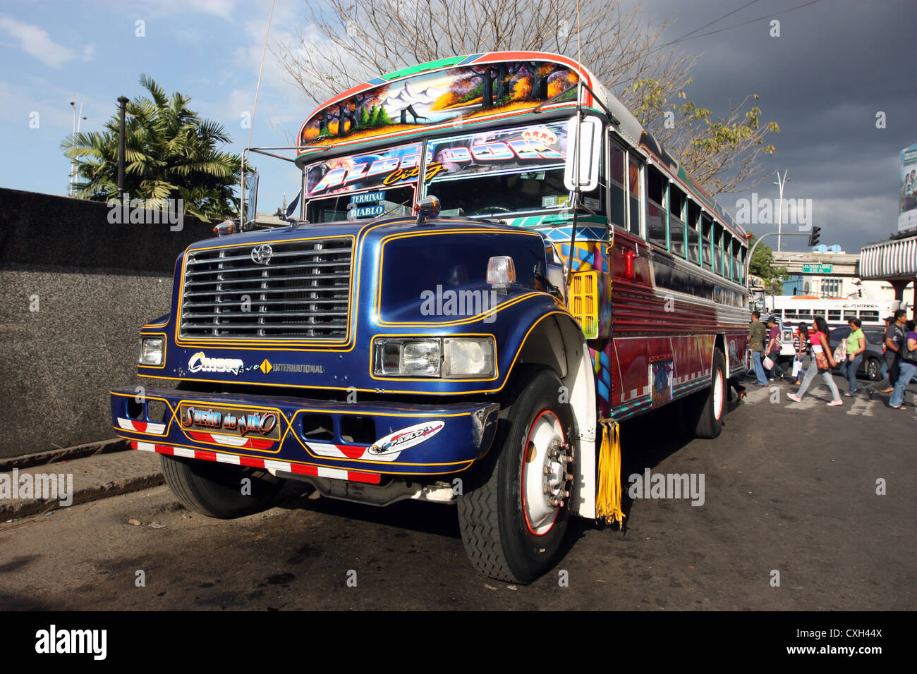 Brightly decorated public buses in Panama City, Panama, Central America ...