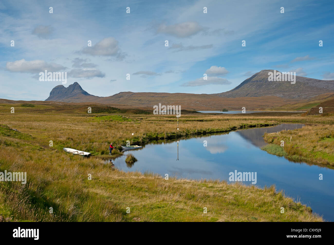 The NW Scottish mountain of Suliven and fisherman on the River na ...