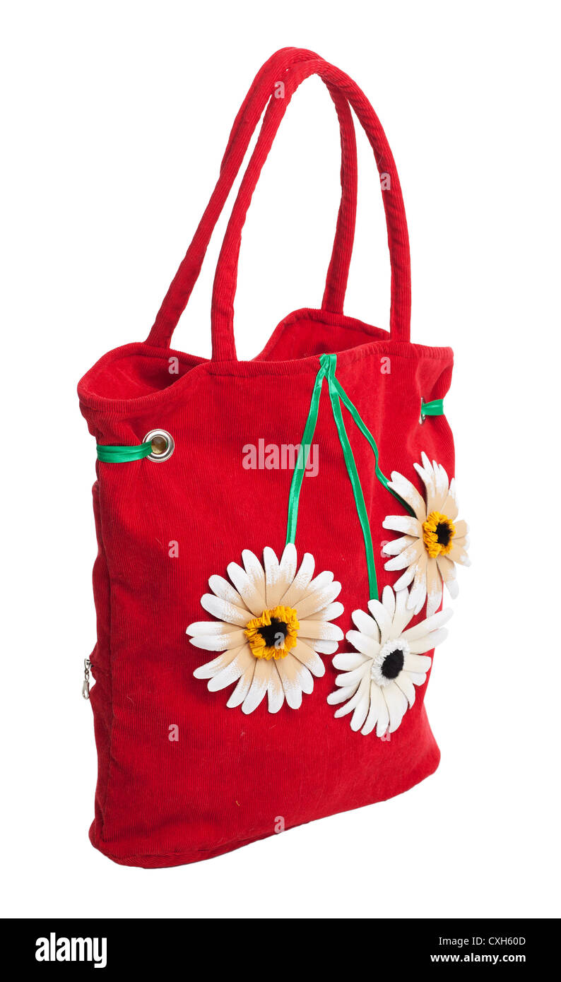 red beach bag with flowers isolated Stock Photo - Alamy