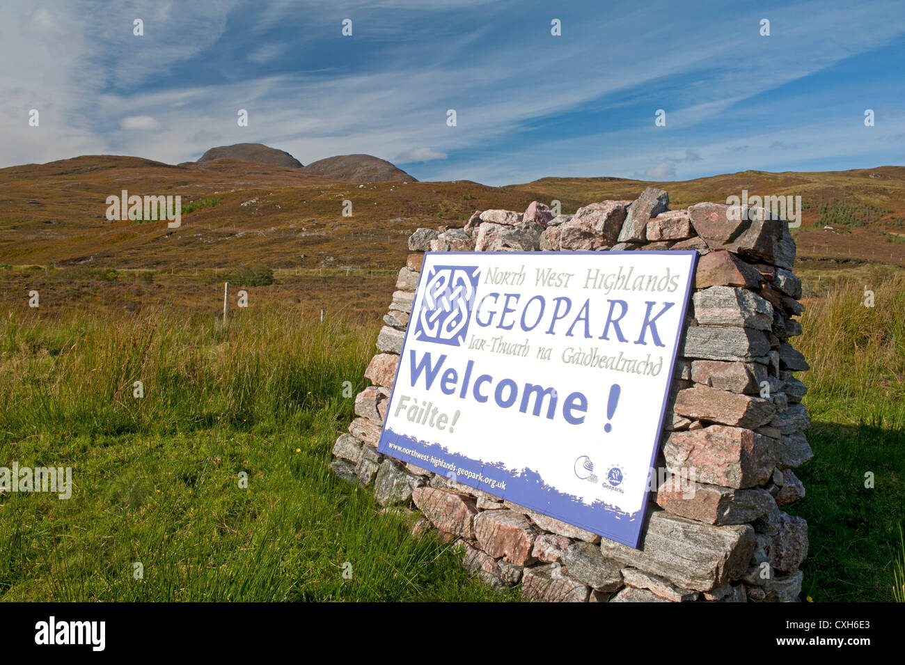 The Geopark sign at Drumrunie junction North of Ullapool, Wester Ross ...