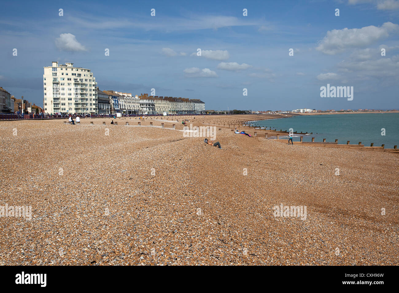 England, East Sussex, Eastbourne, View across shingle beach to the east ...