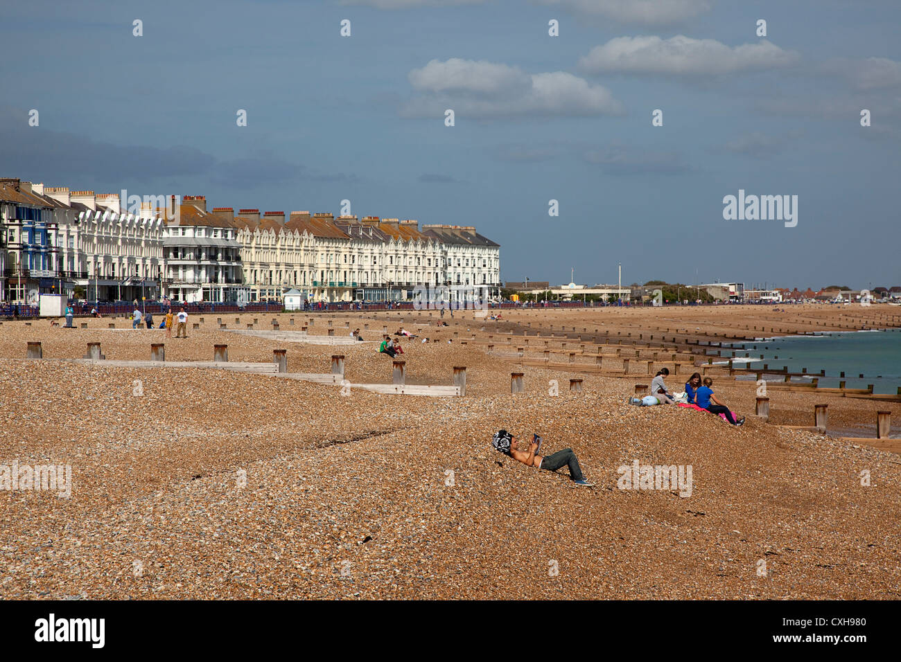 England, East Sussex, Eastbourne, View across shingle beach to the east ...