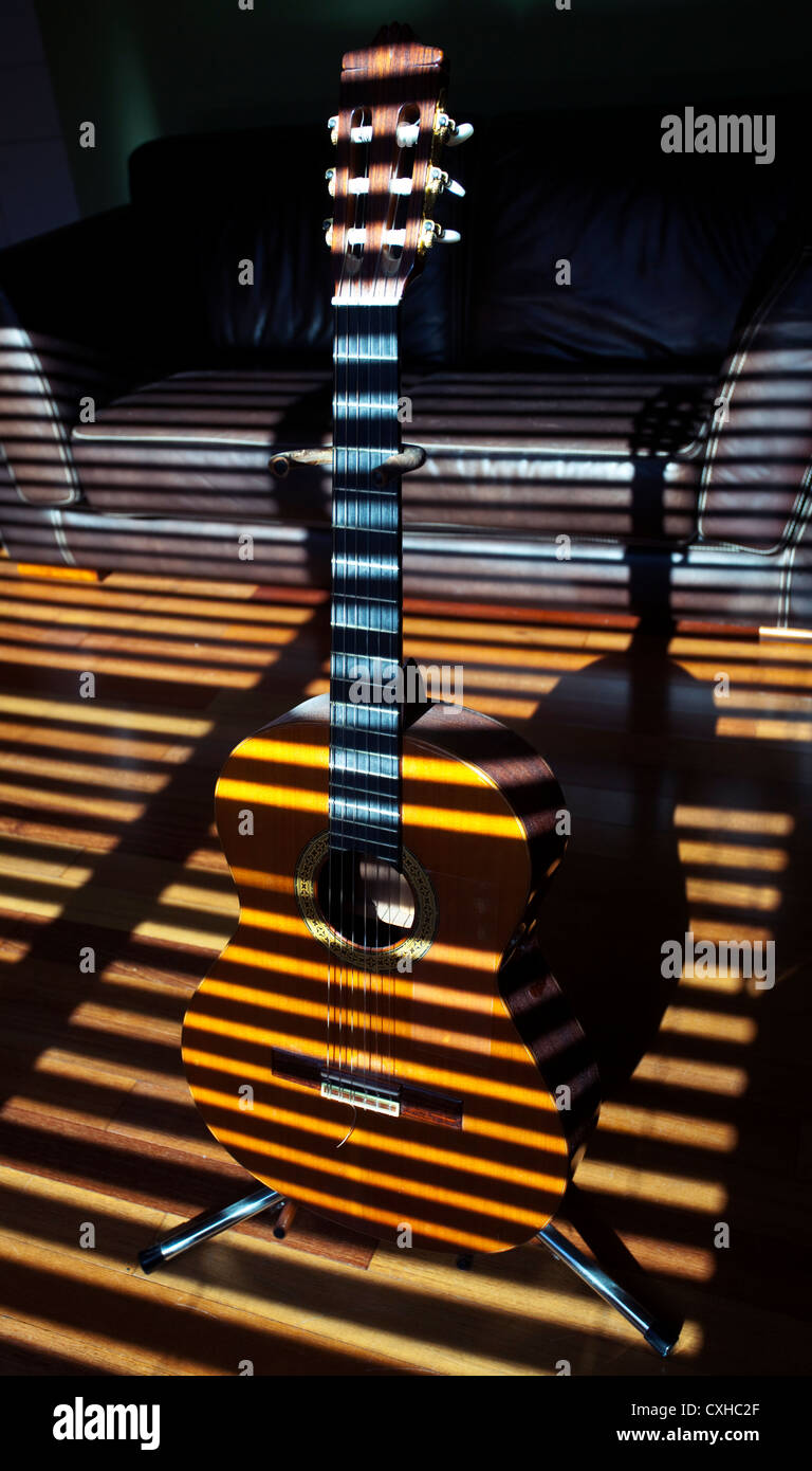 Horizontal shadow stripes on a standing acoustic guitar on its stand ...