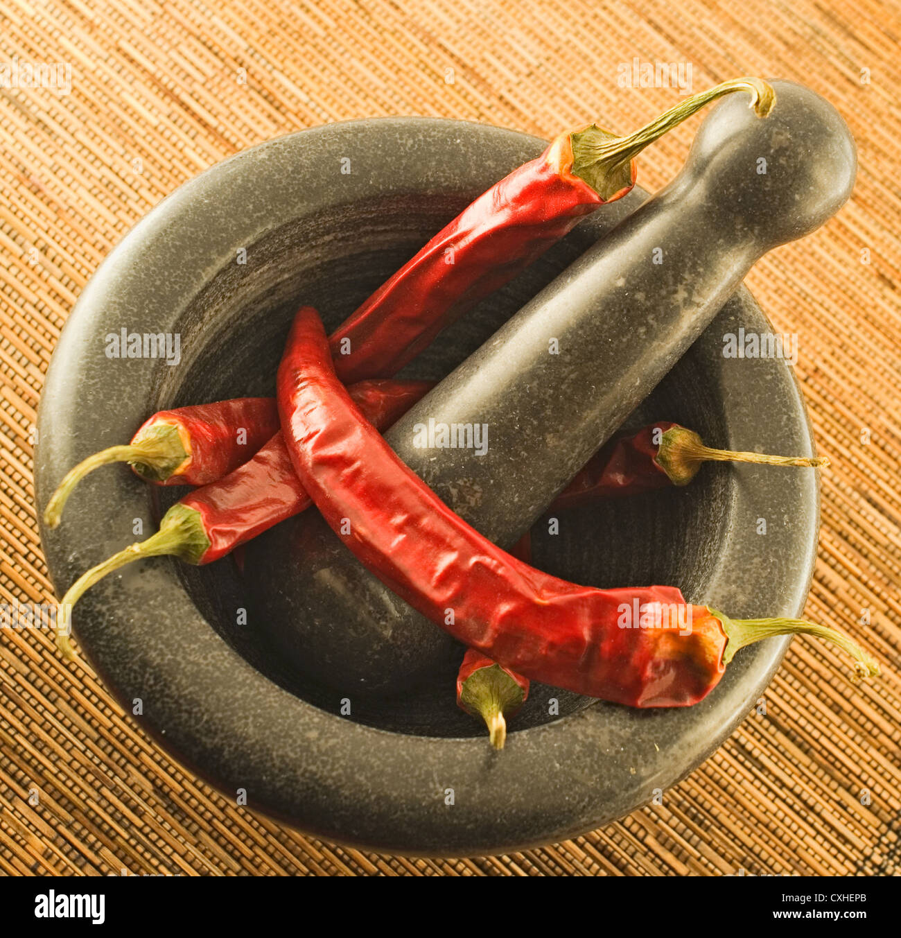 stone mortar with red chillies Stock Photo - Alamy