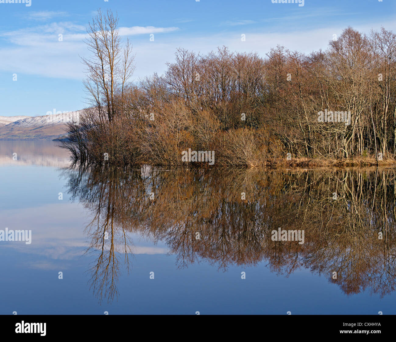 Tree-covered island reflects in the still water of Loch Tay near Killin ...