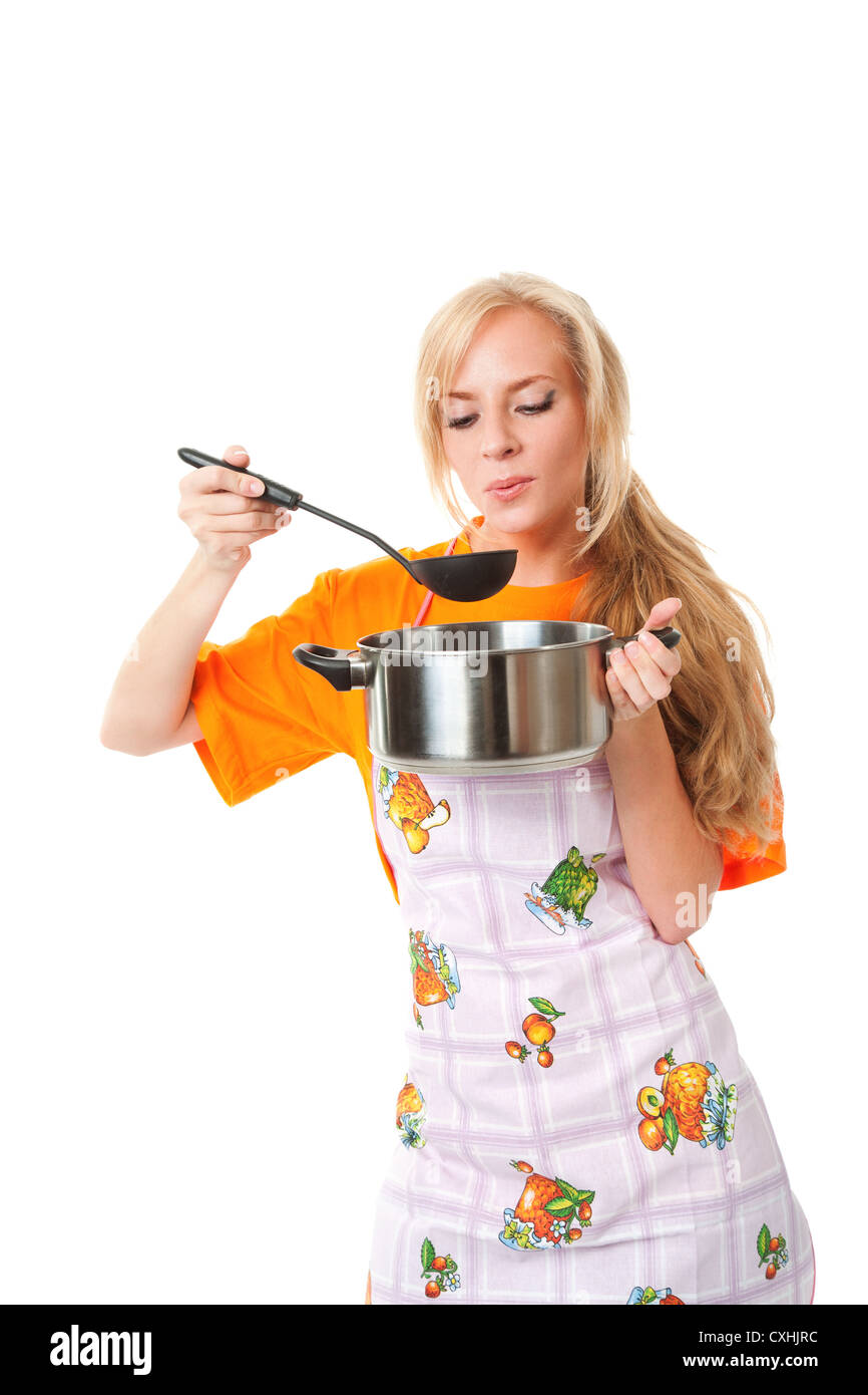 Beautiful lady cooking soup kitchen girl woman food hi-res stock ...
