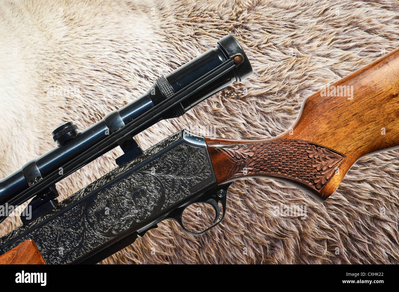 Hunting concept - Grizzly bear fur and sniper rifle gun Stock Photo - Alamy