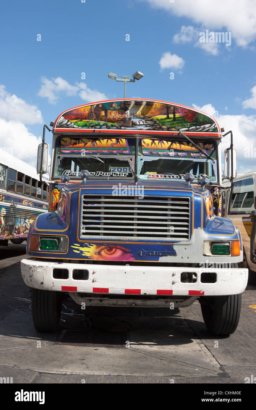 Brightly decorated local buses (chicken buses) in Panama City, Panama ...