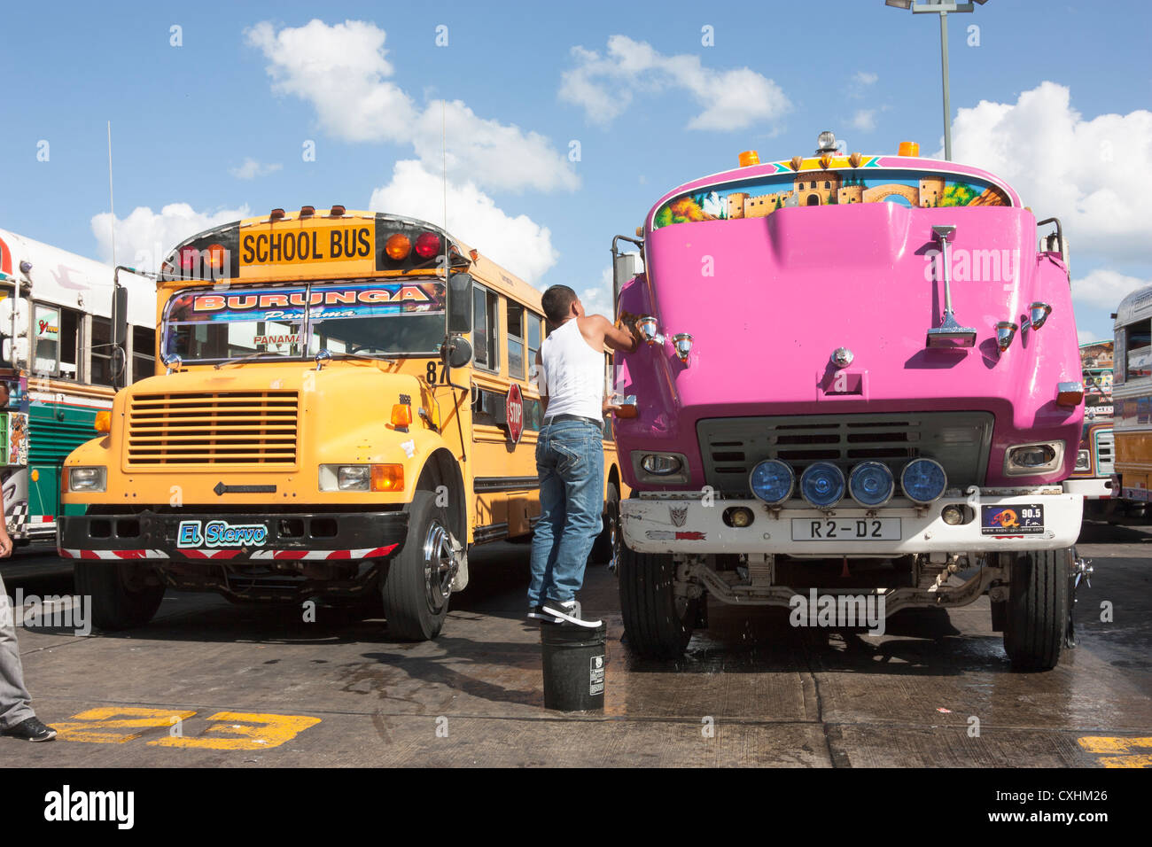 Brightly decorated public buses in Panama City, Panama, Central America ...