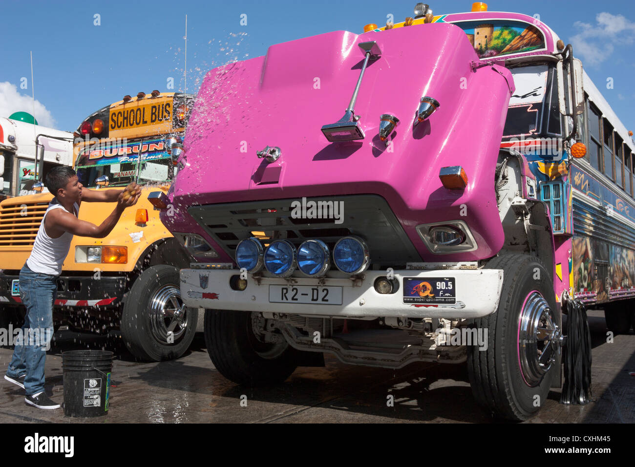 Brightly decorated public buses in Panama City, Panama, Central America ...