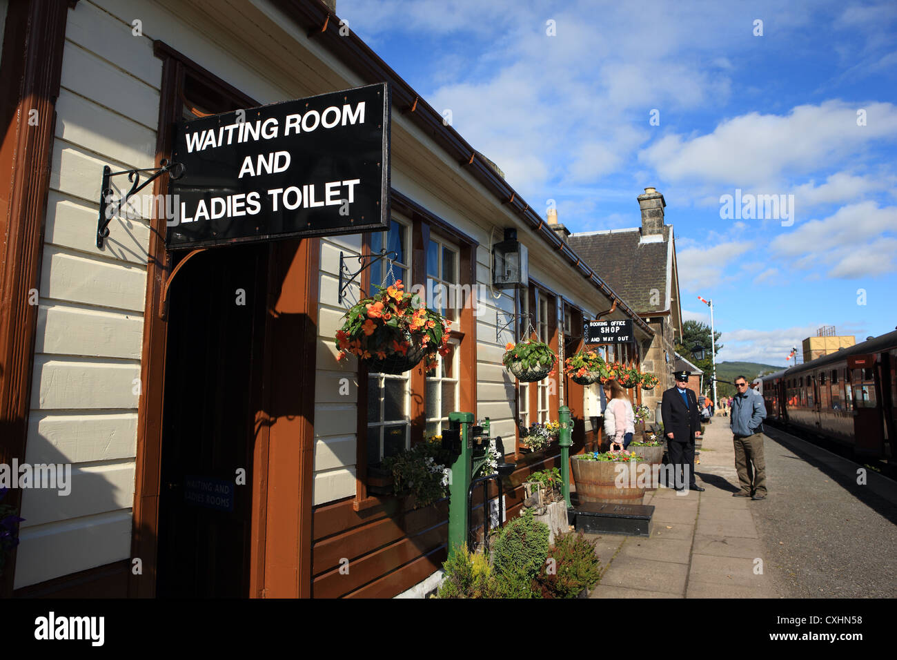 Platform of the steam train railway station at Boat of Garten in the ...