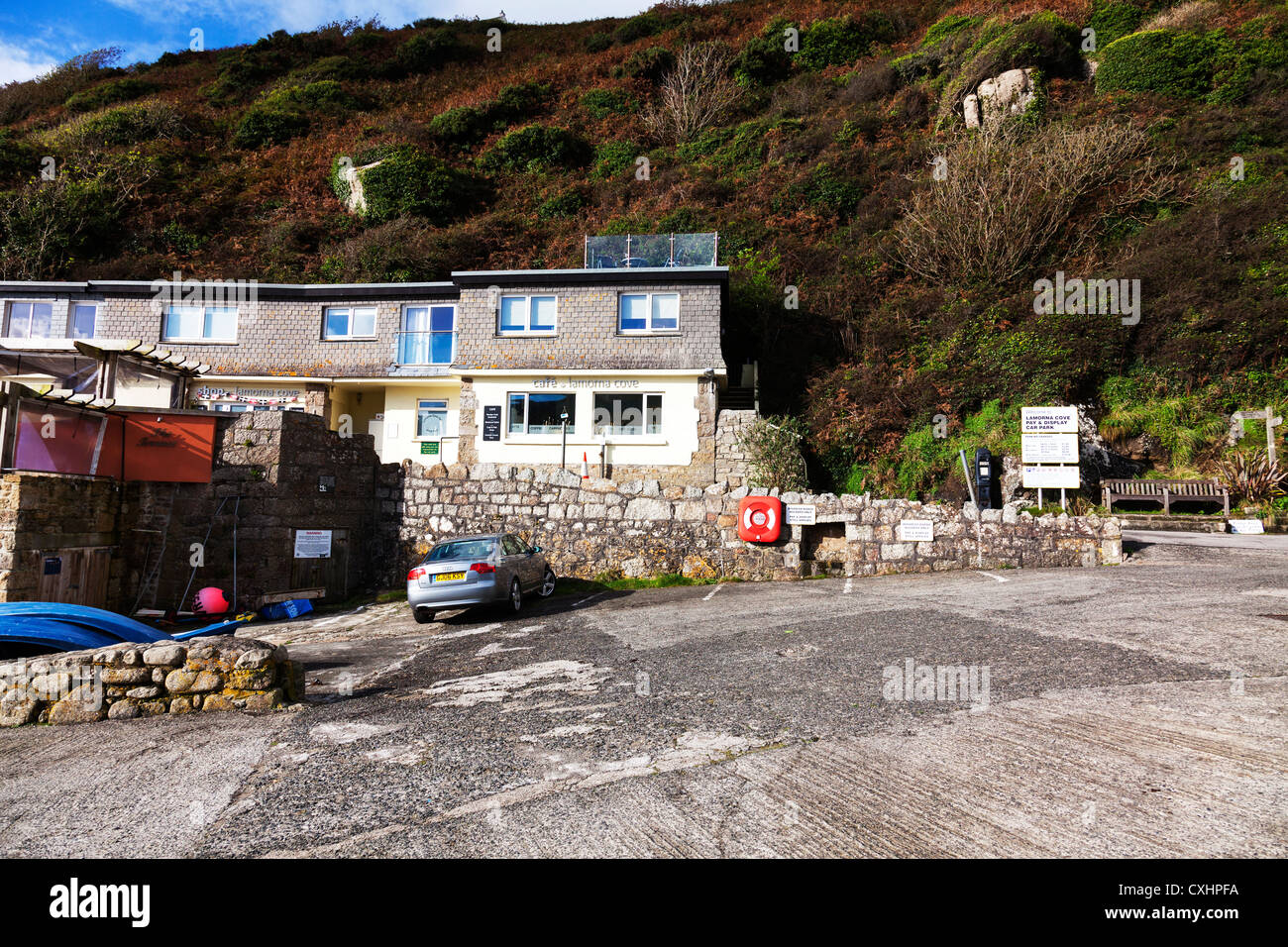 Lamorna Cove, Cornwall car park and cafe Stock Photo - Alamy