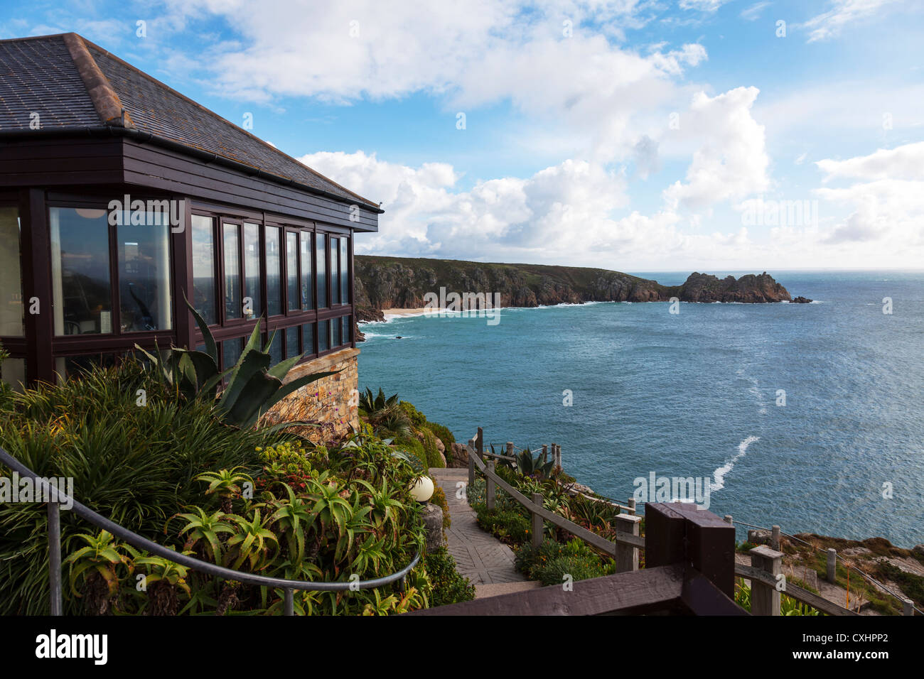 Minack Theatre, cafe overlooking Atlantic ocean sea in Cornwall outside ...