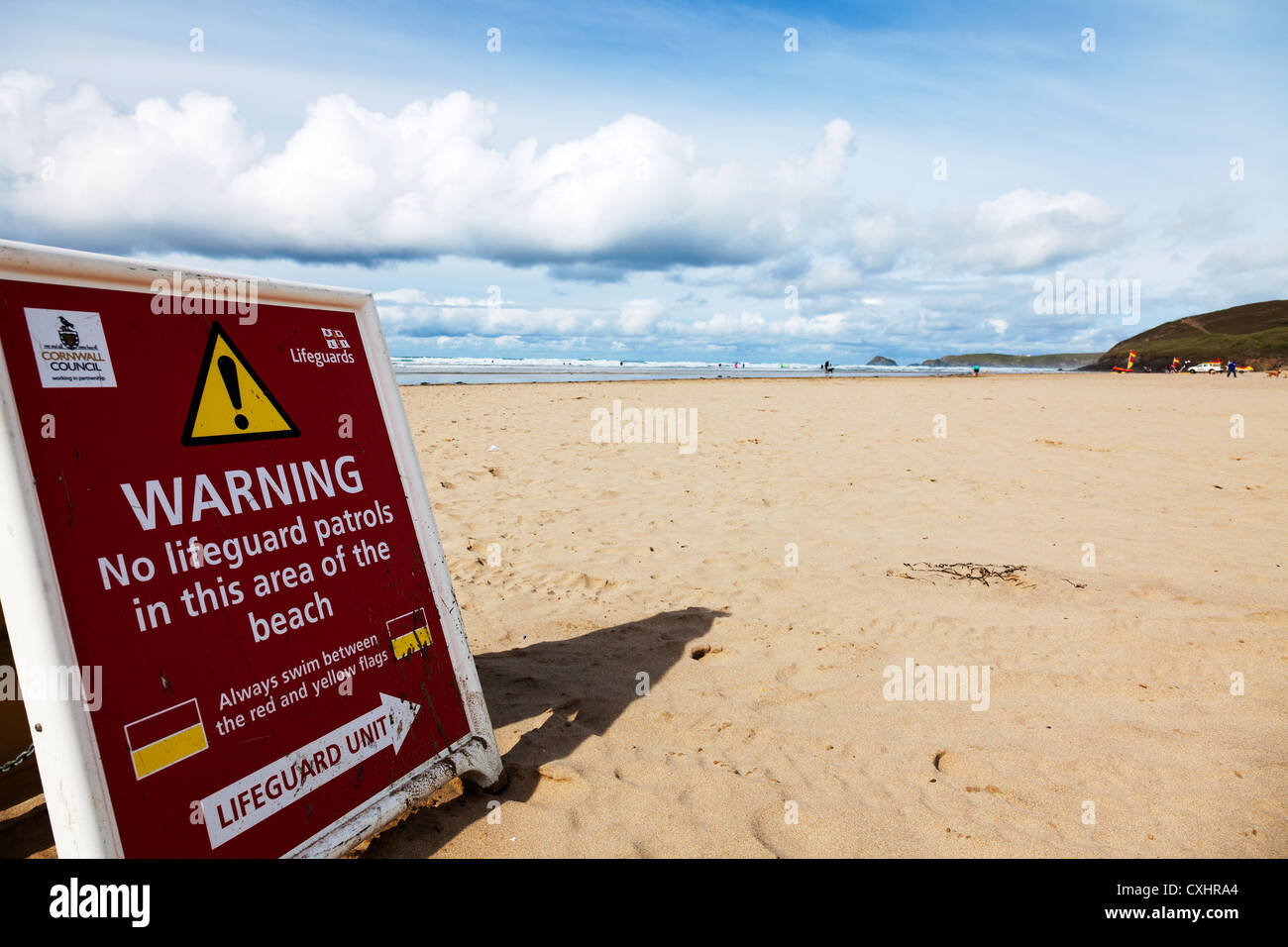 Lifeguard warning sign on Perranporth Perrenporth beach in Cornwall ...
