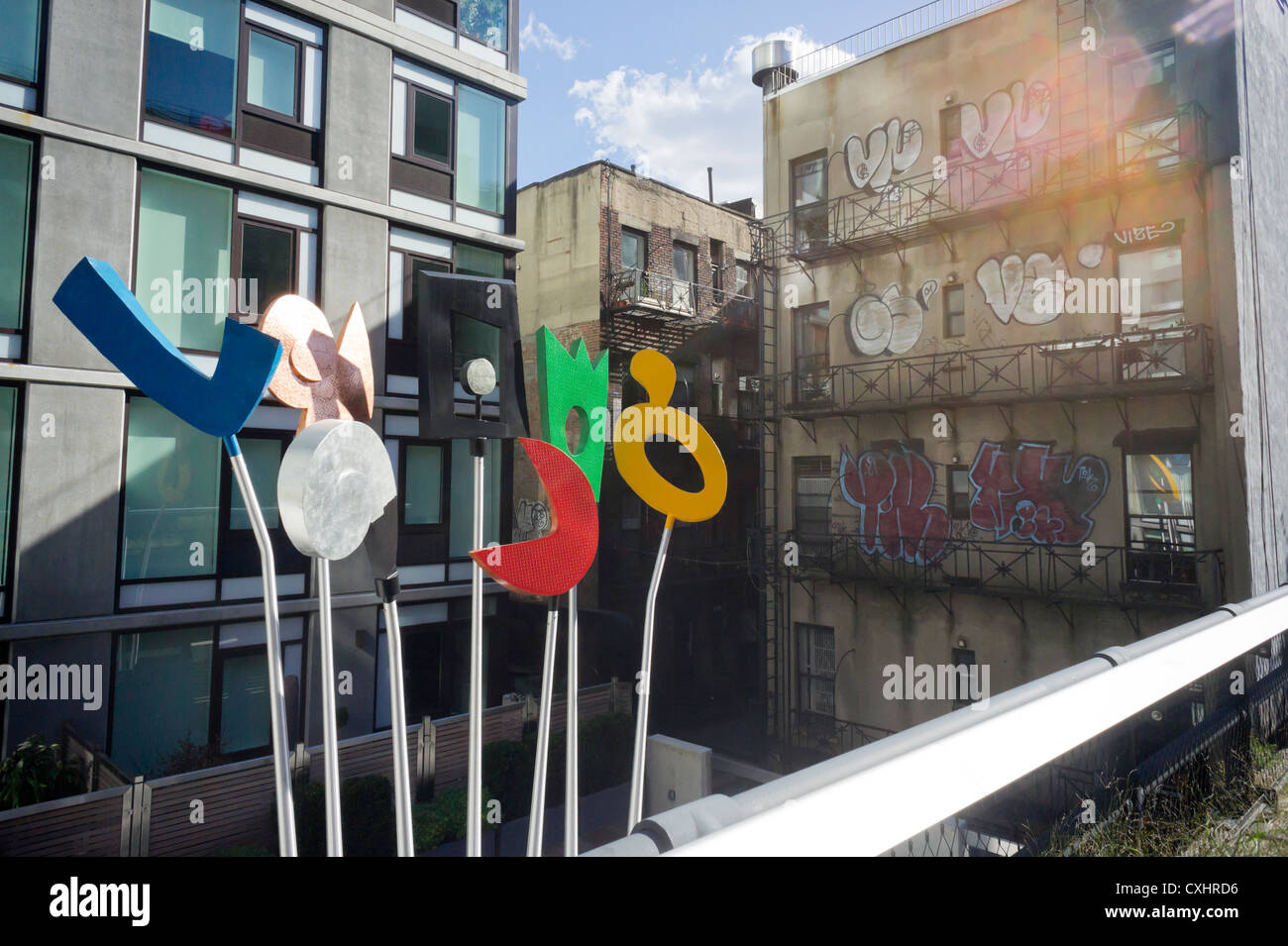 Artwork and graffiti along the High Line Park in West Chelsea in New ...