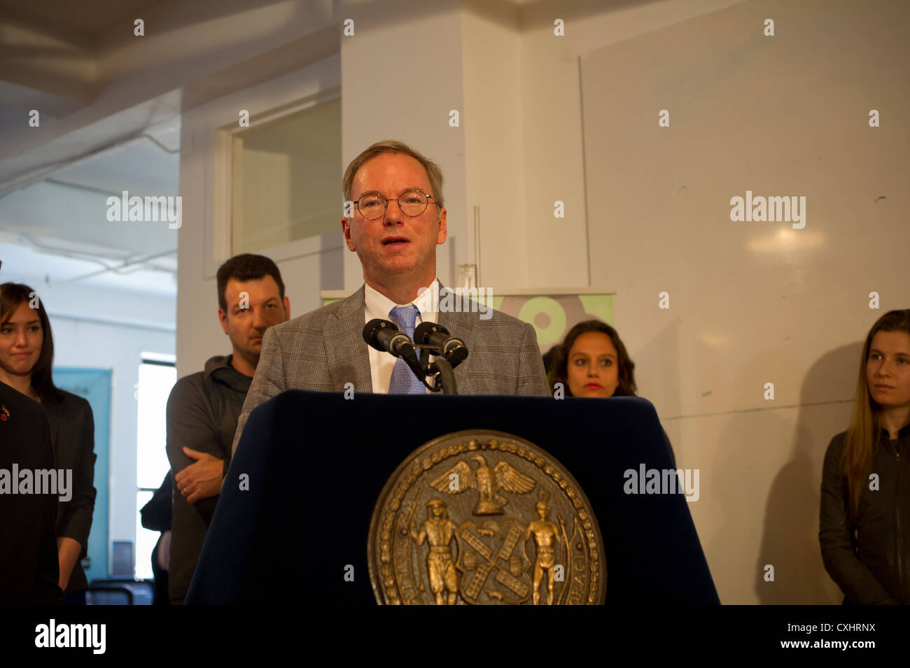 Google chairman, Eric Schmidt, speaks at a press conference Stock Photo ...