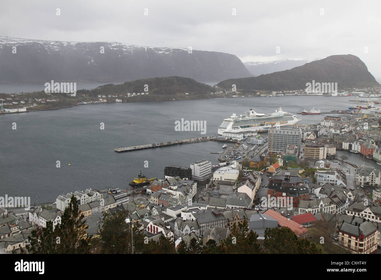 Beautiful views of Alesund in the Norwegian fjords on a rainy and ...