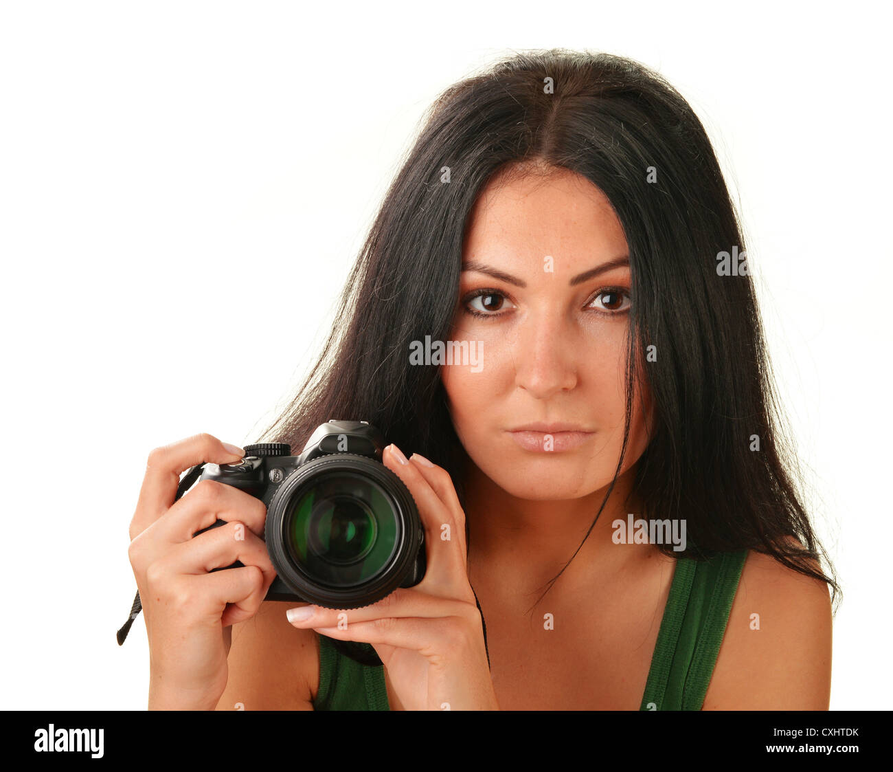 Young woman holding camera isolated on white. Taking pictures Stock ...