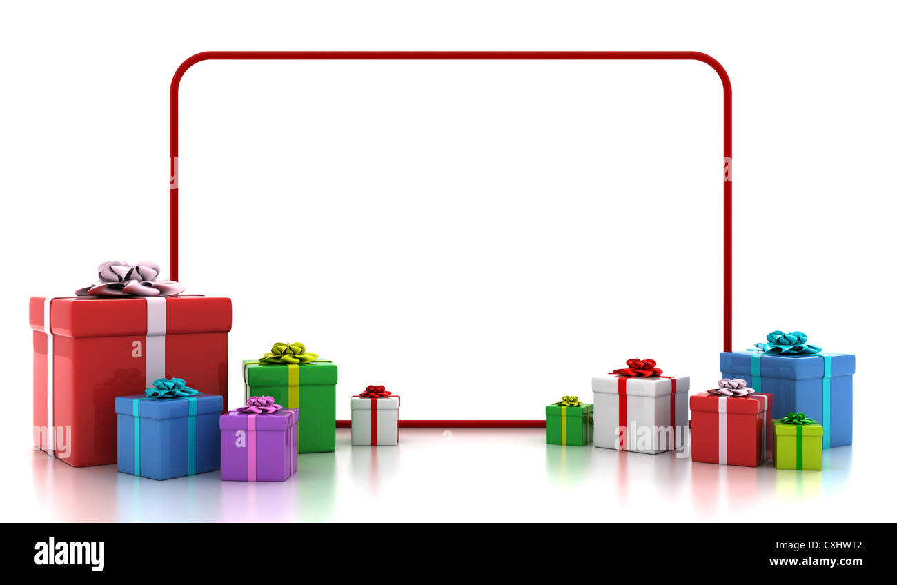 Colorful presents with empty frame Stock Photo - Alamy