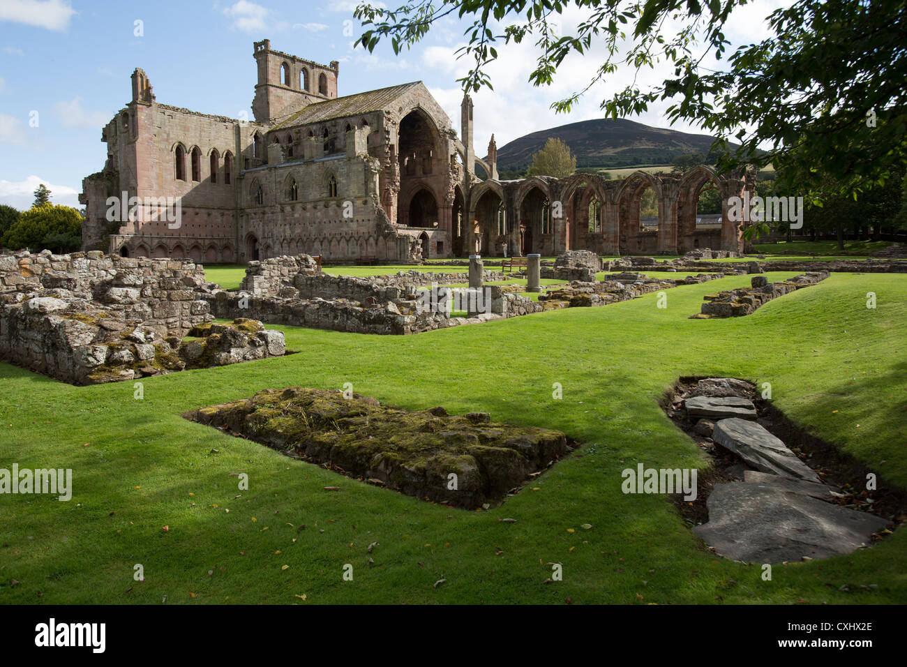 Town of Melrose, Scotland. View of Melrose Abbey nave, tower and ...