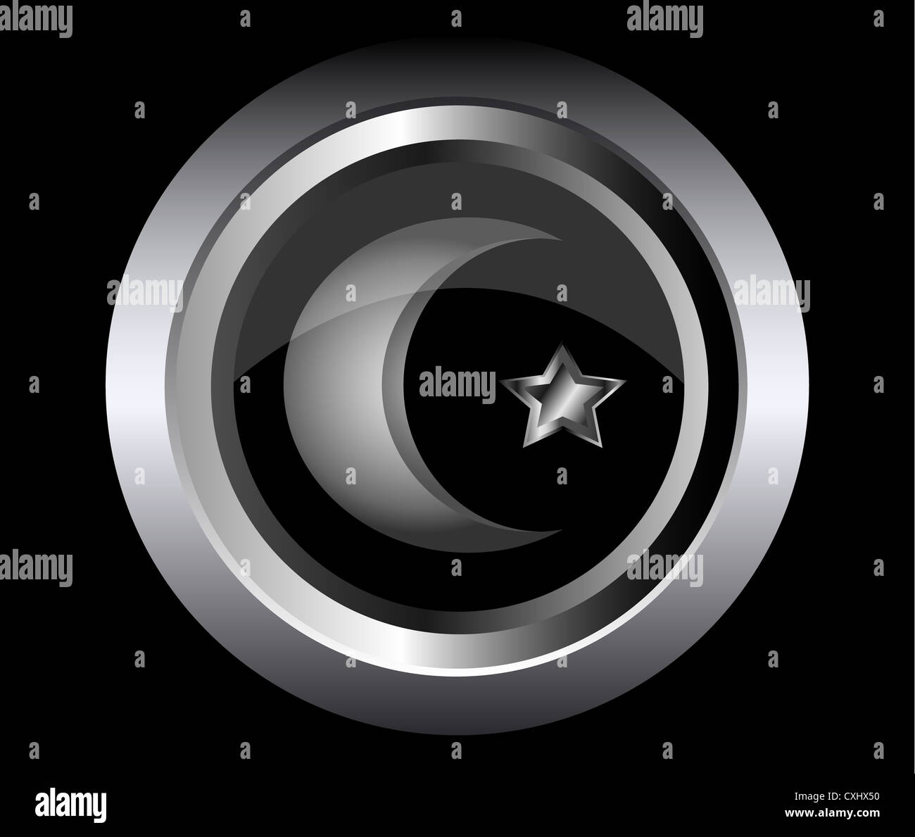 muslim star and crescent on metal button black background vector ...