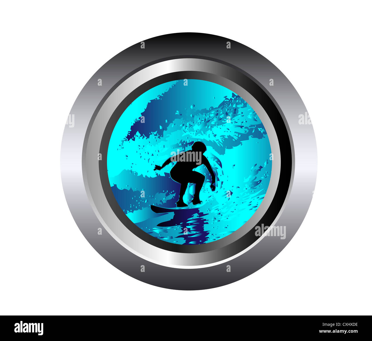wave and surfer vector illustration in black button Stock Photo - Alamy