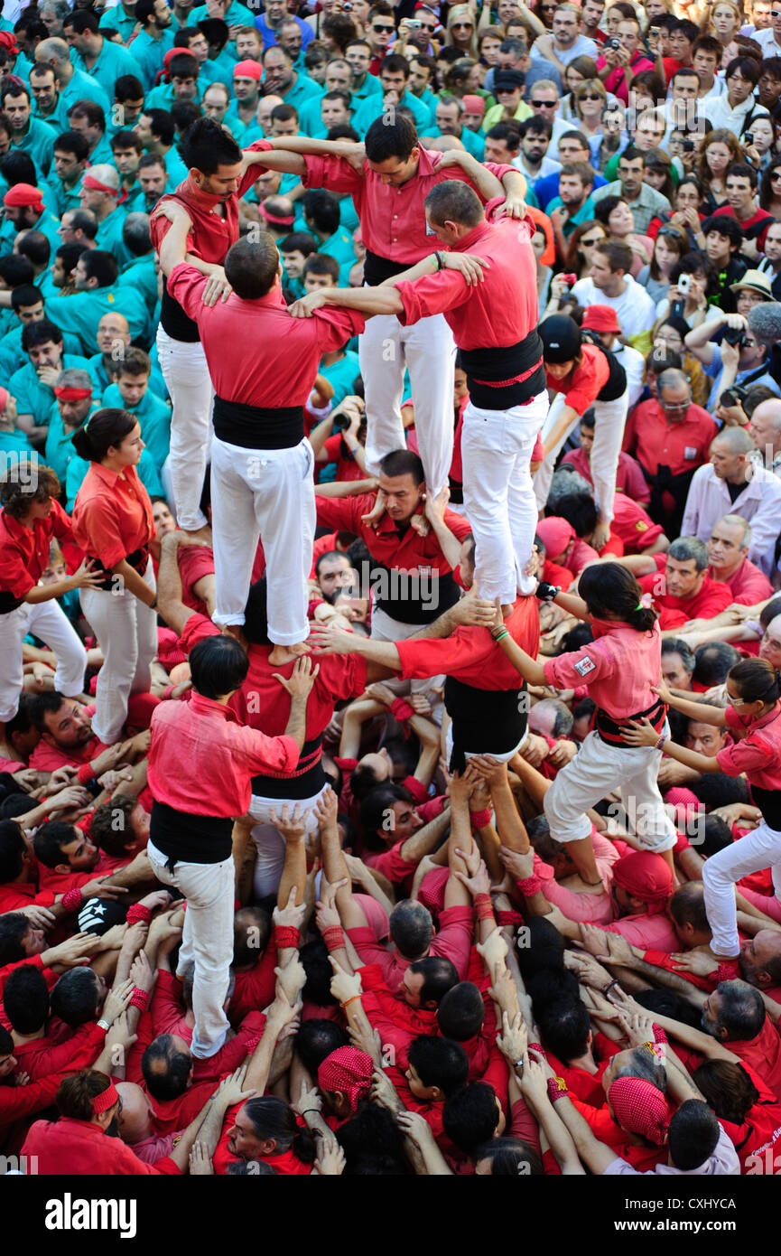 Traditional Castellers building human castles for La merce Festival in ...