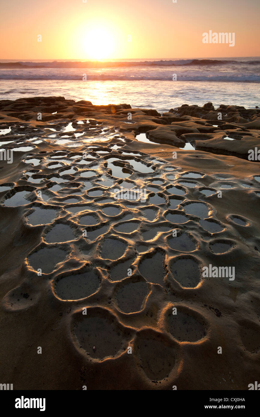 Sunset and Erosion Patterns on Rocks, La Jolla, California Stock Photo ...