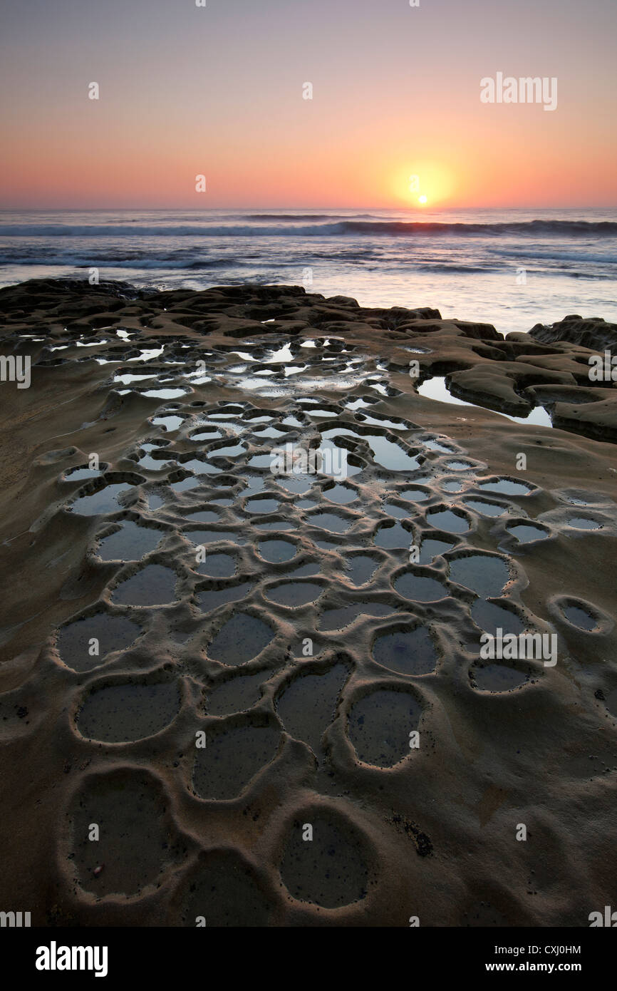 Sunset and Erosion Patterns on Rocks, La Jolla, California Stock Photo ...
