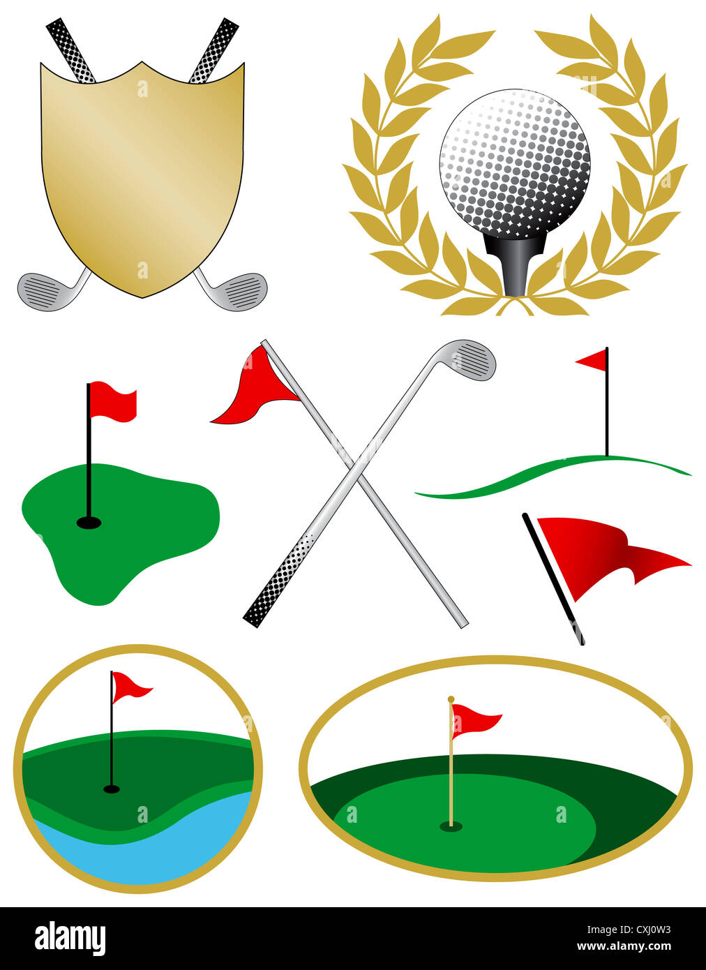 Eight Color Golf Icons including a golf ball, shield, clubs and flags ...